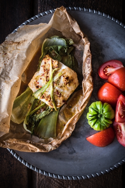 Steamed Fish + Pak Choi in Parchment - Here In The Midst
