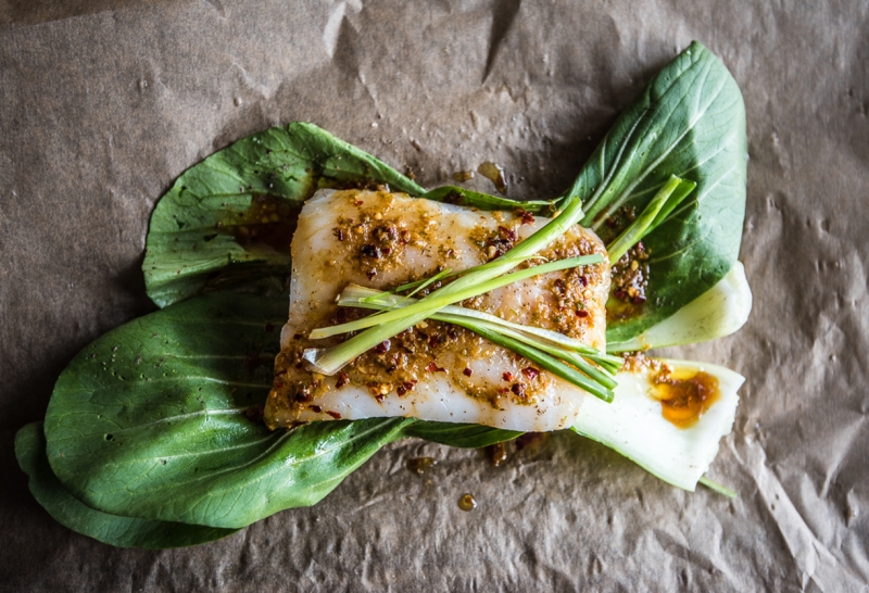 Steamed Fish + Pak Choi in Parchment - Here In The Midst